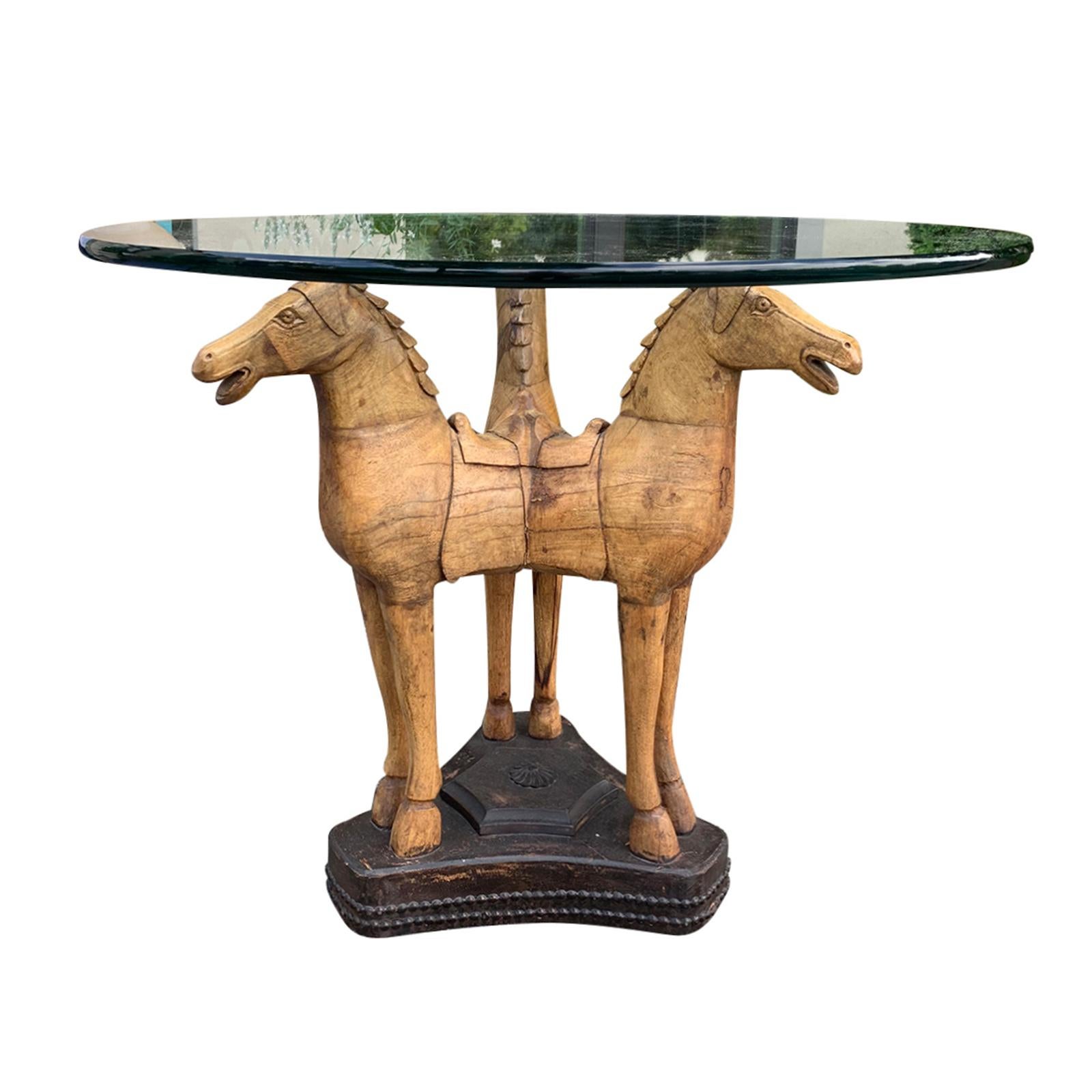 Mid-20th Century Center Table with Pedestal of Three Carved Horses ...