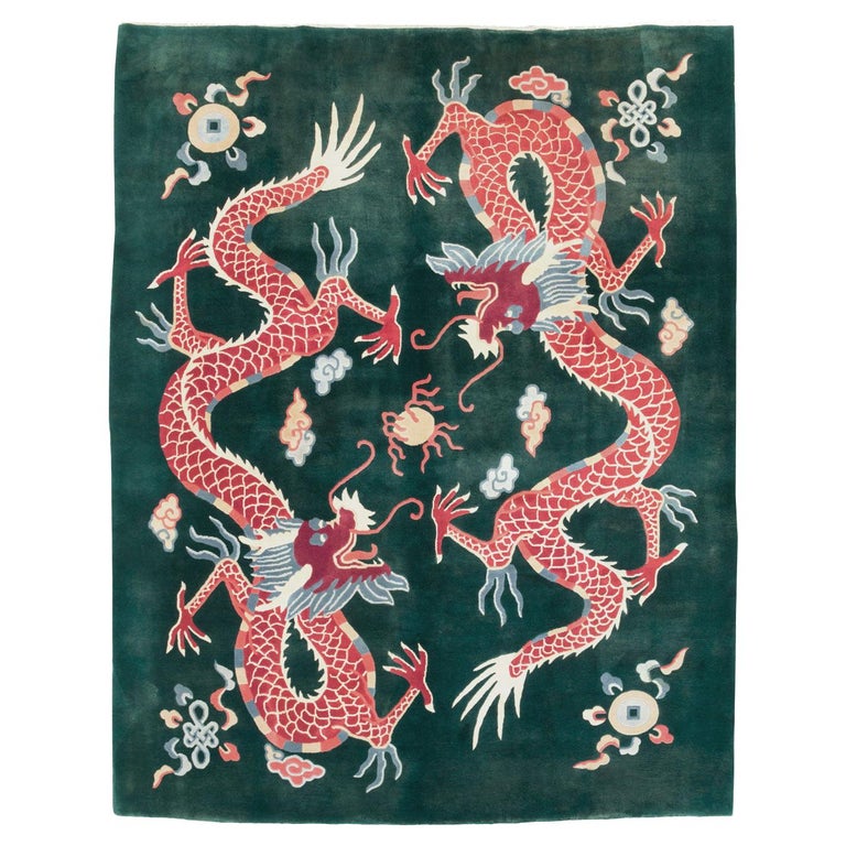 Mid-20th Century Chinese Pictorial Dragon Room Size Carpet in Green and ...