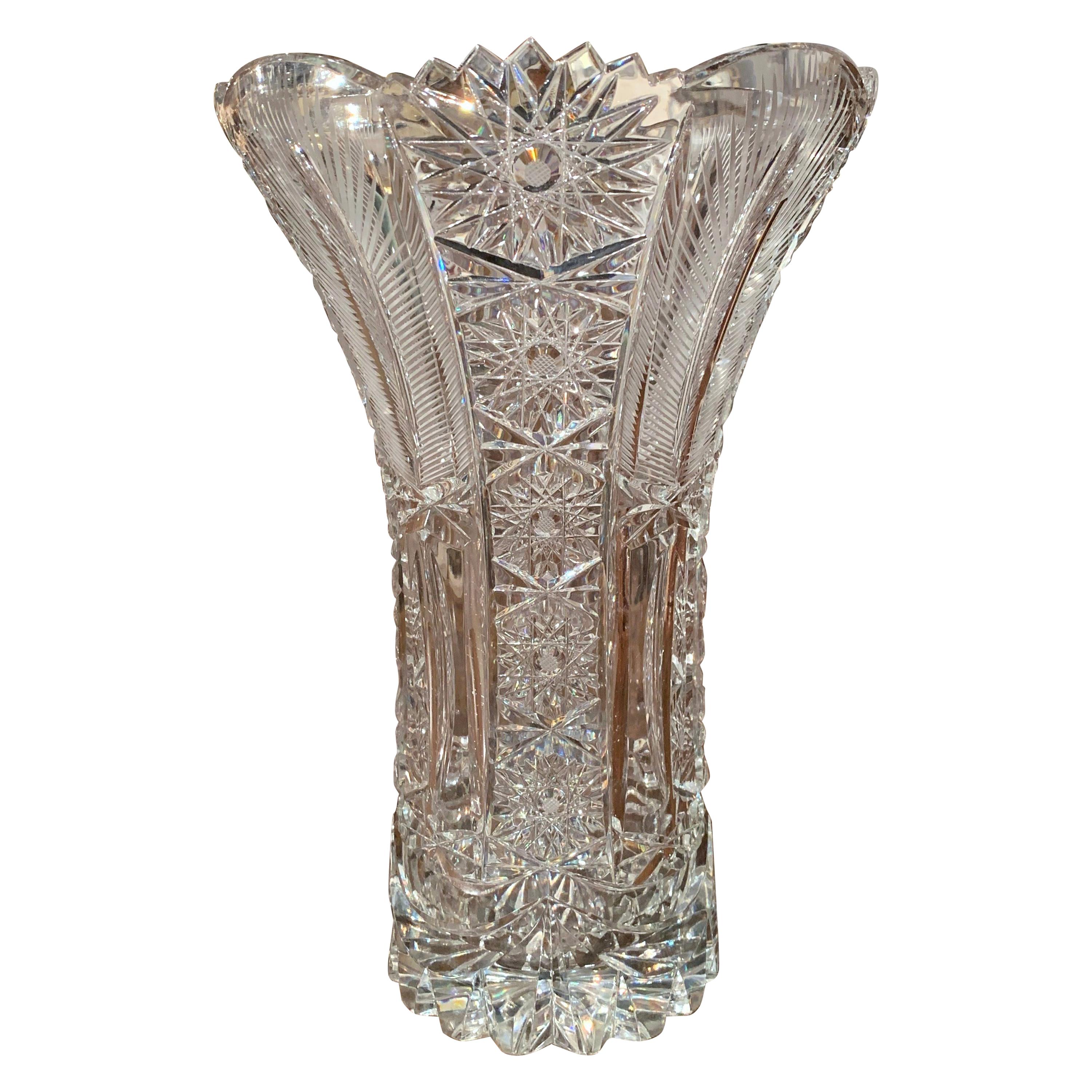 Mid-20th Century Clear Cut Glass Crystal Vase with Floral Motifs at ...