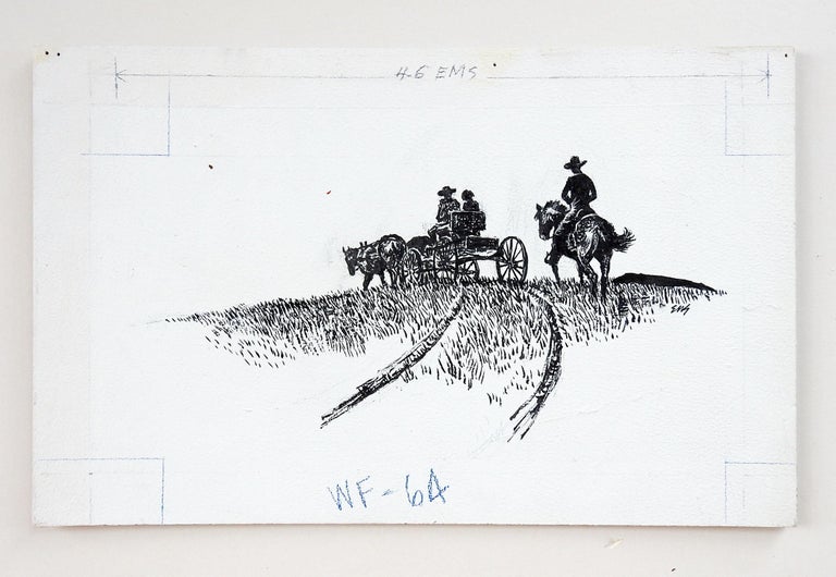 Mid 20th Century Eugene Shortridge Cowboy and Wagon Pen and Ink Western ...