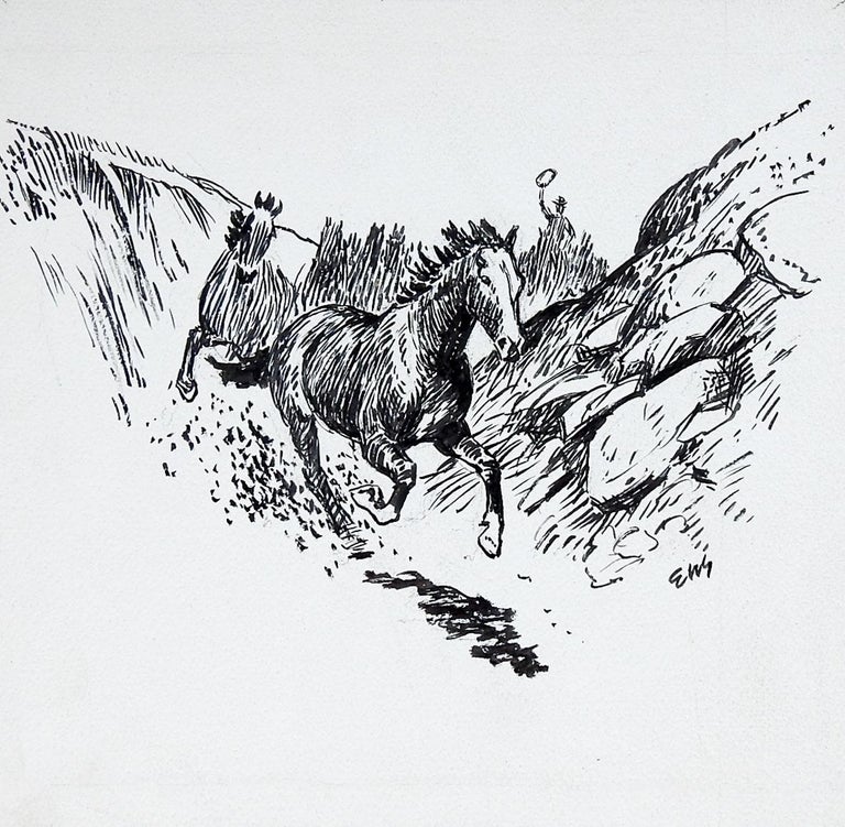 Mid-20th Century, Eugene Shortridge Wild Horses Pen and Ink Western ...