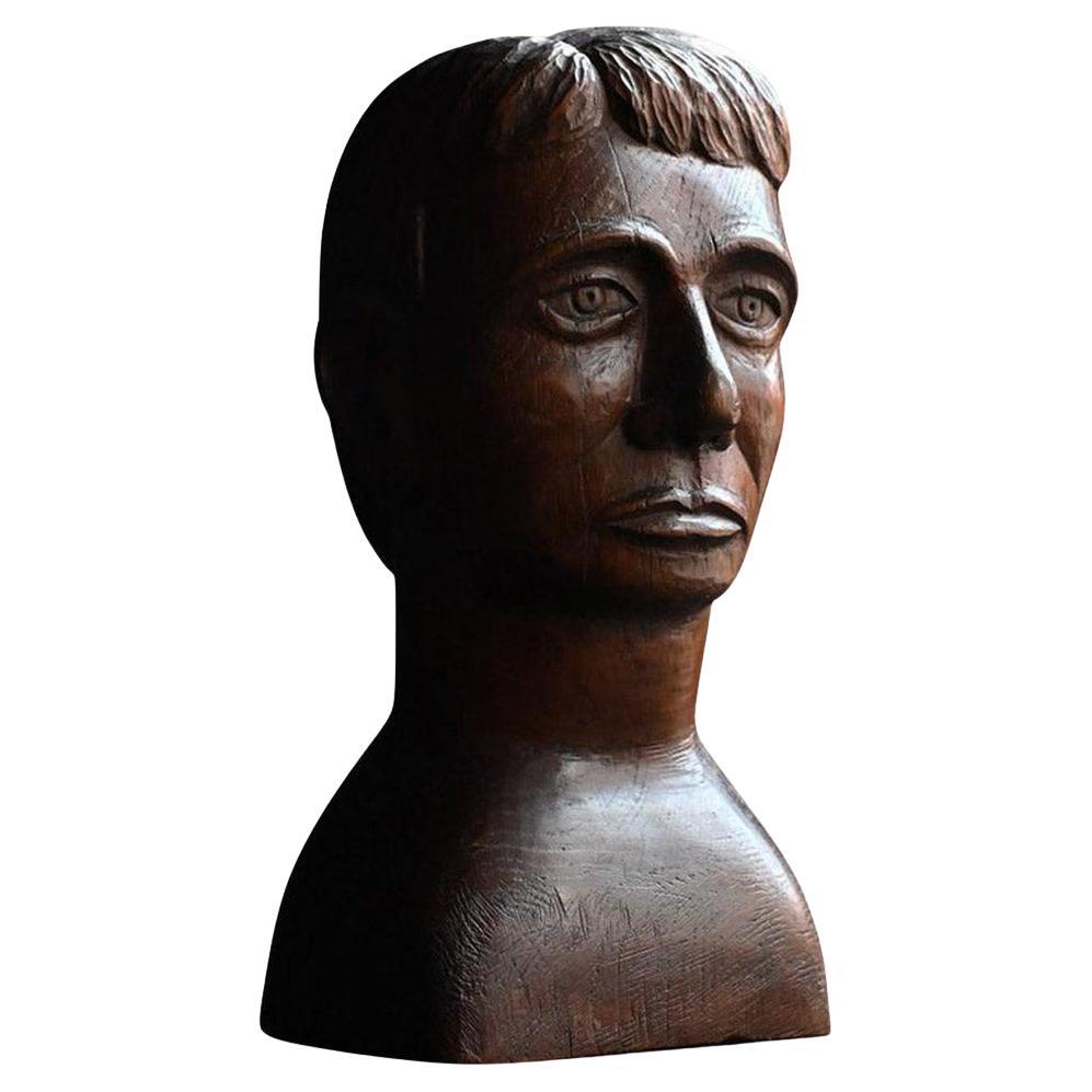 Mid-20th Century Folk art Carved Male Wooden Bust For Sale at 1stDibs