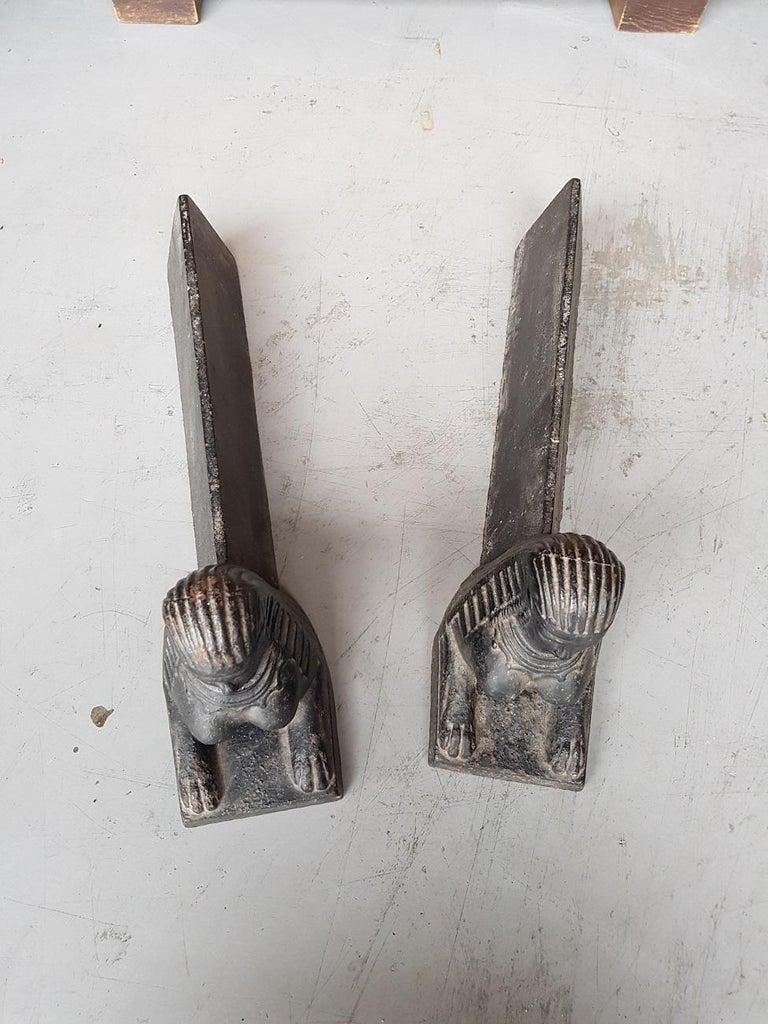 Mid-20th Century French Cast Iron Andirons with Sphinx Busts at 1stDibs