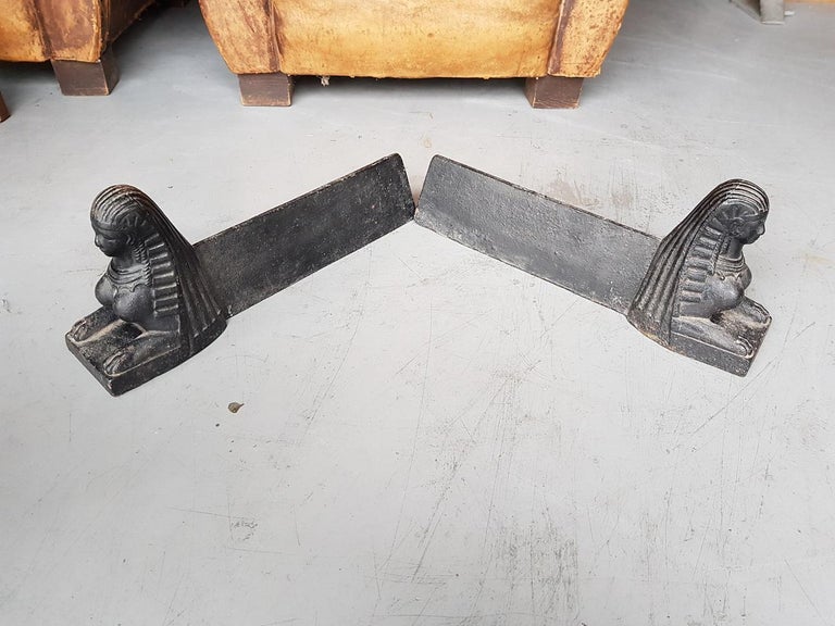 Mid-20th Century French Cast Iron Andirons with Sphinx Busts at 1stDibs