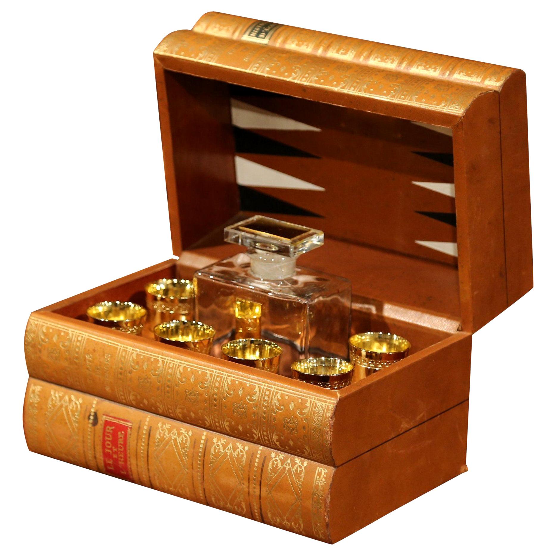 Mid-20th Century French Leather Book Liquor Box with Shot Glasses and ...