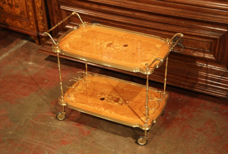 Mid-20th Century French Rosewood and Brass Tea Cart with Marquetry ...