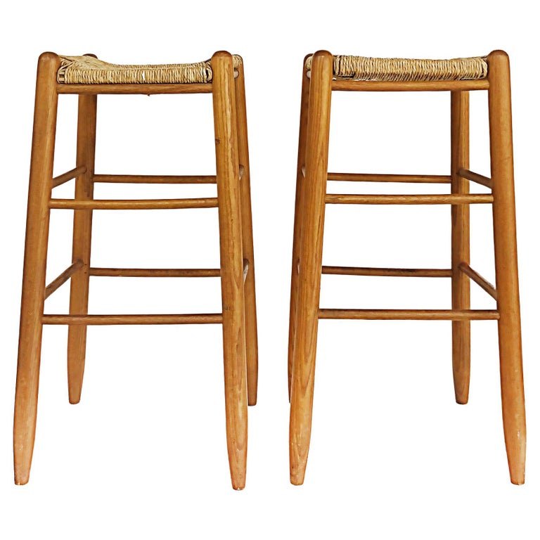 Mid 20th Century French Rush and Oak Bar Stools in the Style of ...