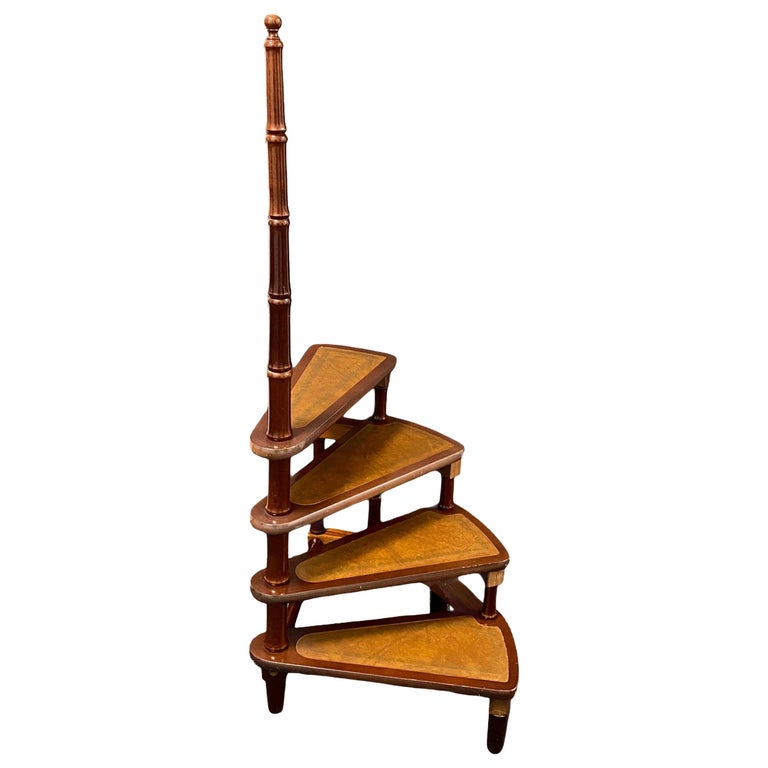 Mid-20th Century German Carved Wood and Leather Spiral Step Library ...