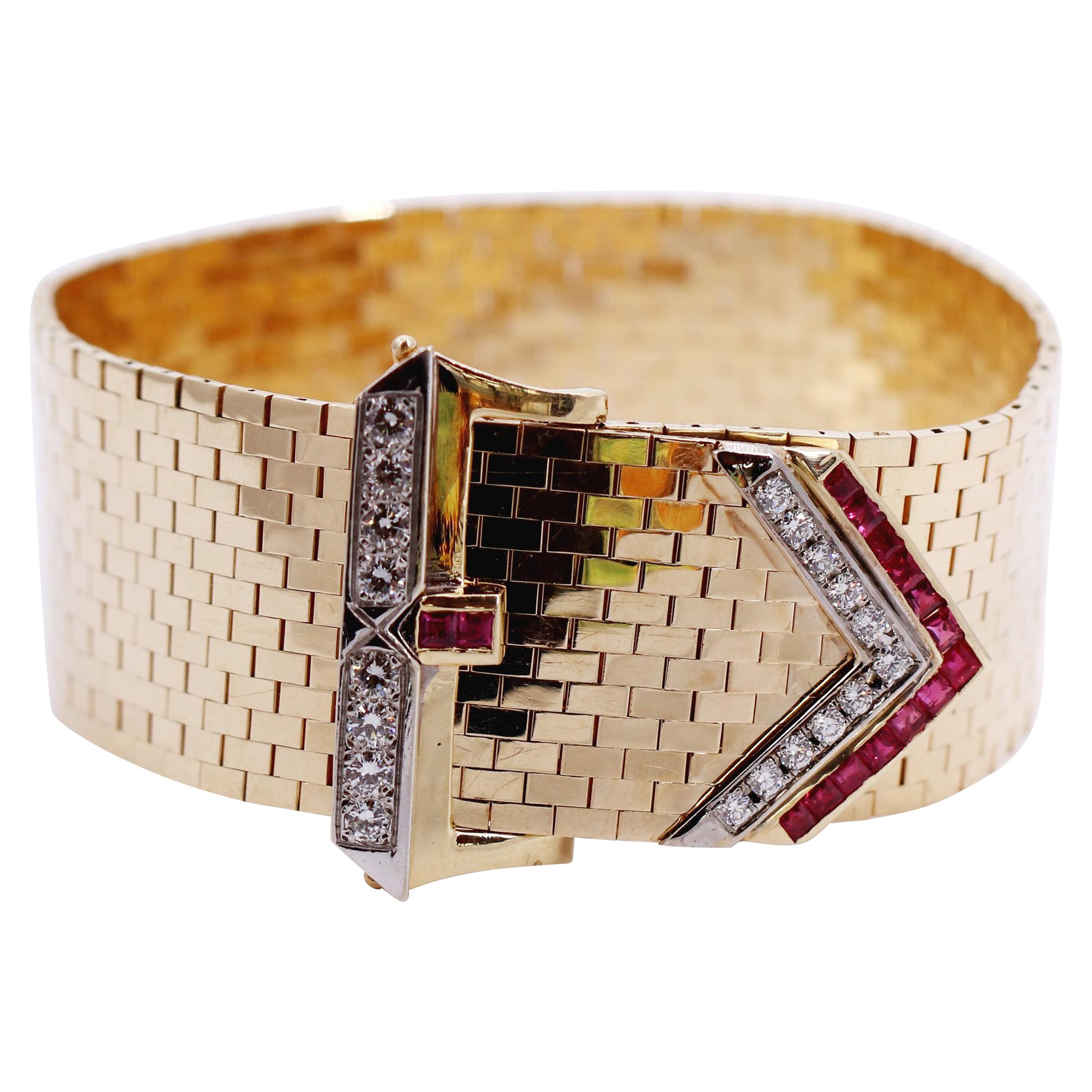 Mid-20th Century Gold Buckle Bracelet with Diamonds and Rubies For Sale ...