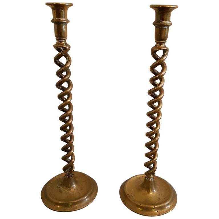 Mid-20th Century High English Brass spiral twisted Candlesticks at 1stDibs