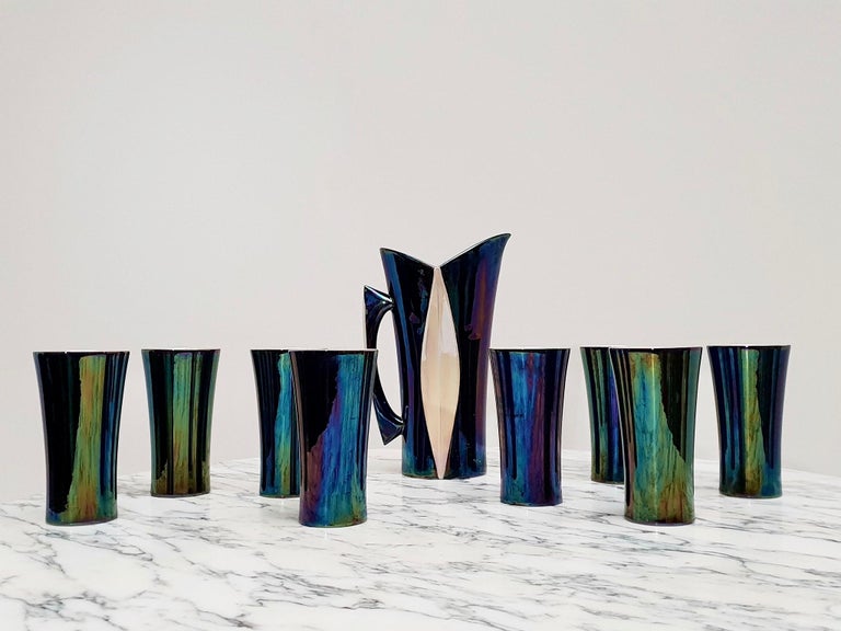 Mid 20th Century Iridescent Ceramic Drinks Set Of 9 Made In France