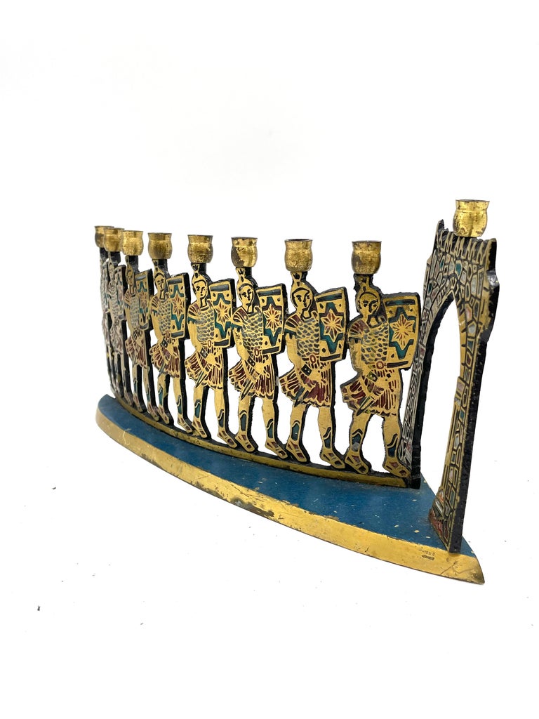 Mid-20th Century Israeli Brass and Enamel Hanukkah Lamp For Sale at 1stDibs
