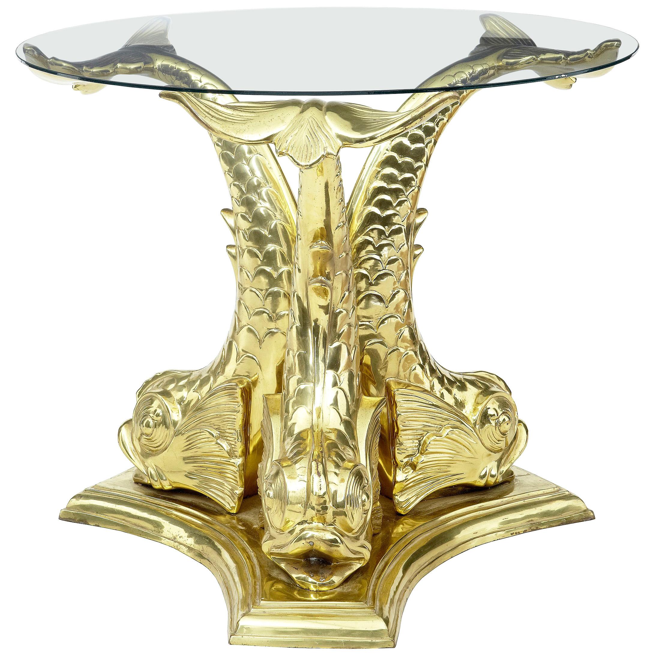 Mid-20th Century Italian Solid Brass Cast Carp Glass Top Center Table ...
