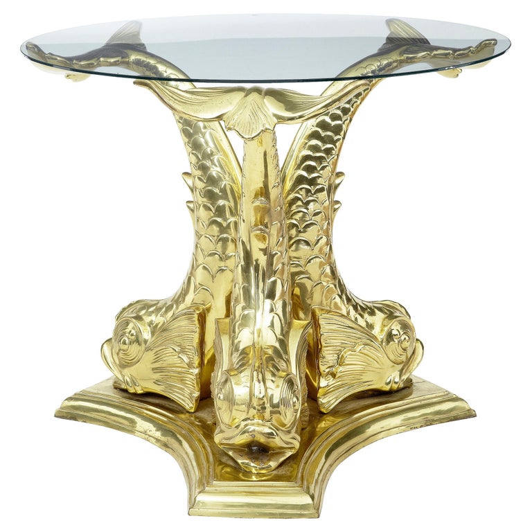 Mid 20th Century Italian Solid Brass Cast Carp Glass Top Center Table ...