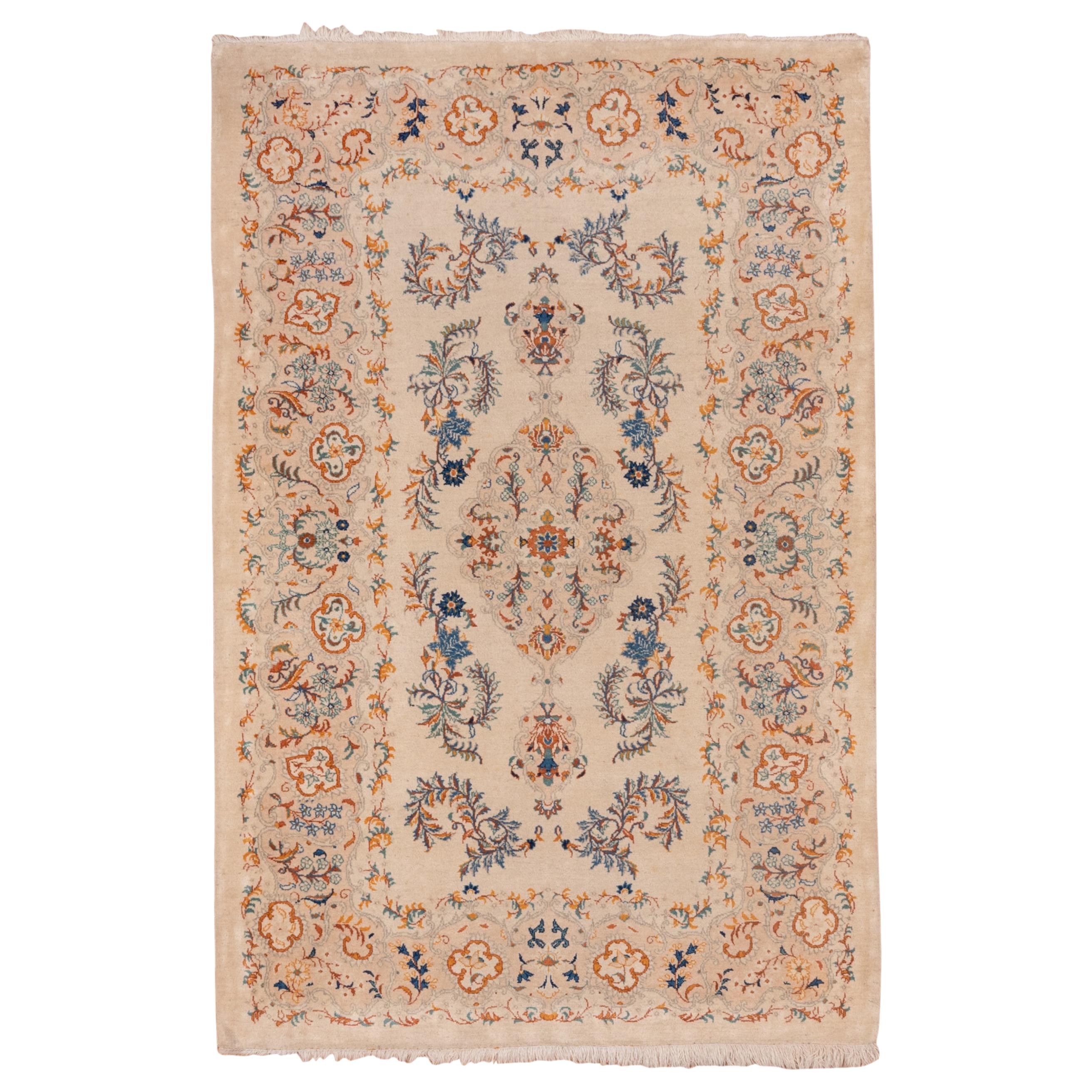 Mid-20th Century Ivory Turkish Kashan Rug, Gold and Blue Accents ...