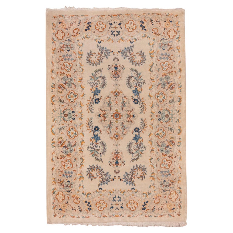 Mid-20th Century Ivory Turkish Kashan Rug, Gold and Blue Accents ...