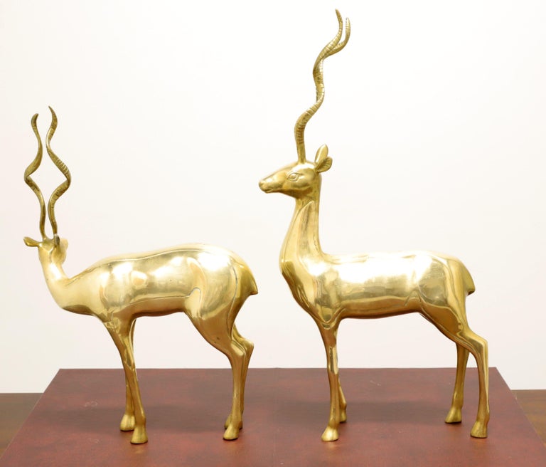 Mid 20th Century Large Brass Standing Antelope Sculptures - Pair For ...
