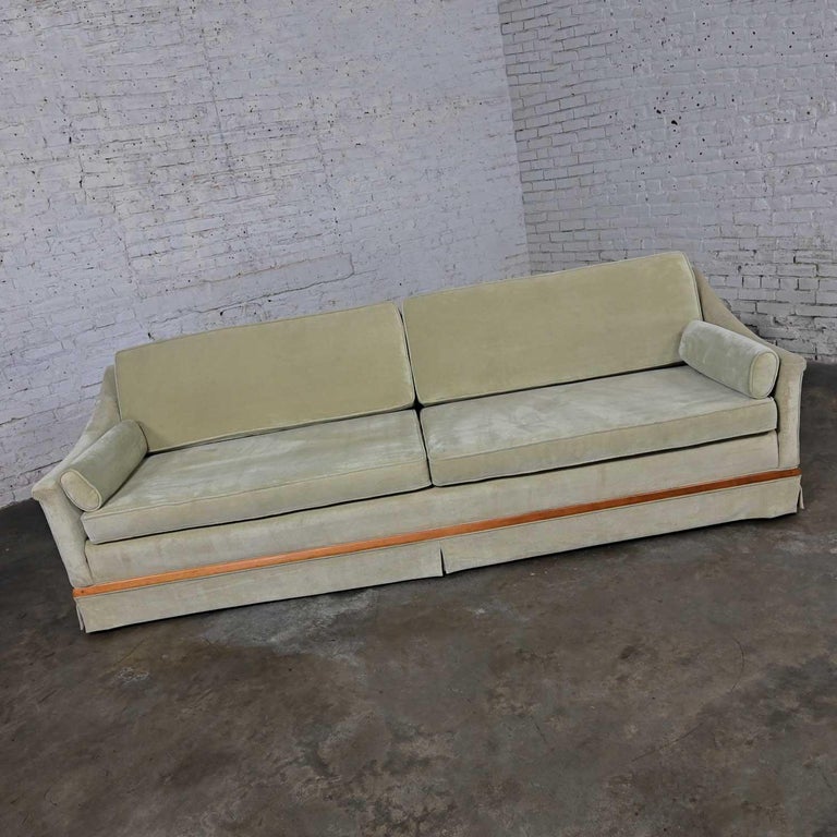 Mid-20th Century MCM Green Velvet Sloped Arm Sofa with Oval Arm Bolster ...