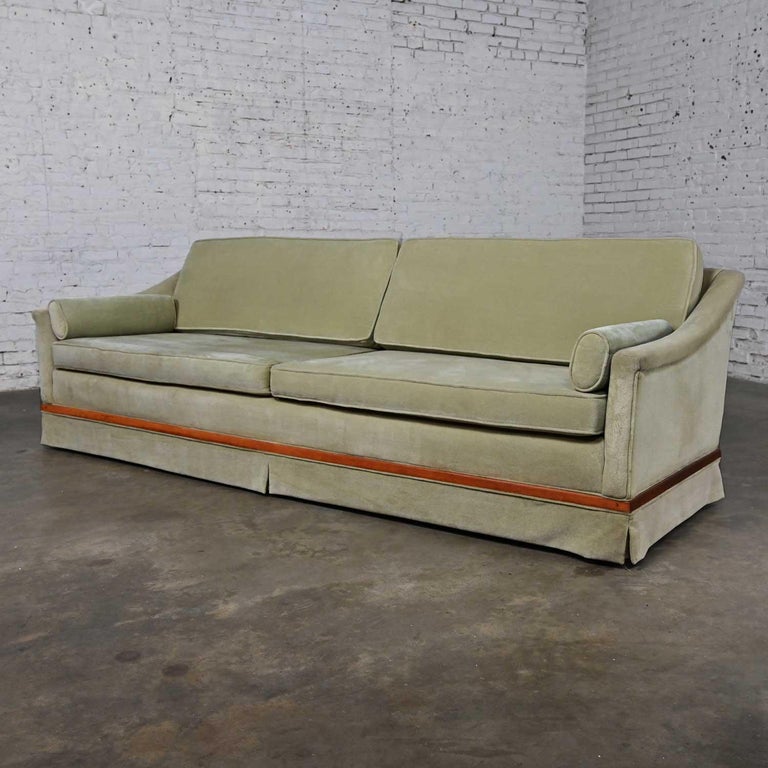 Mid-20th Century MCM Green Velvet Sloped Arm Sofa with Oval Arm Bolster ...