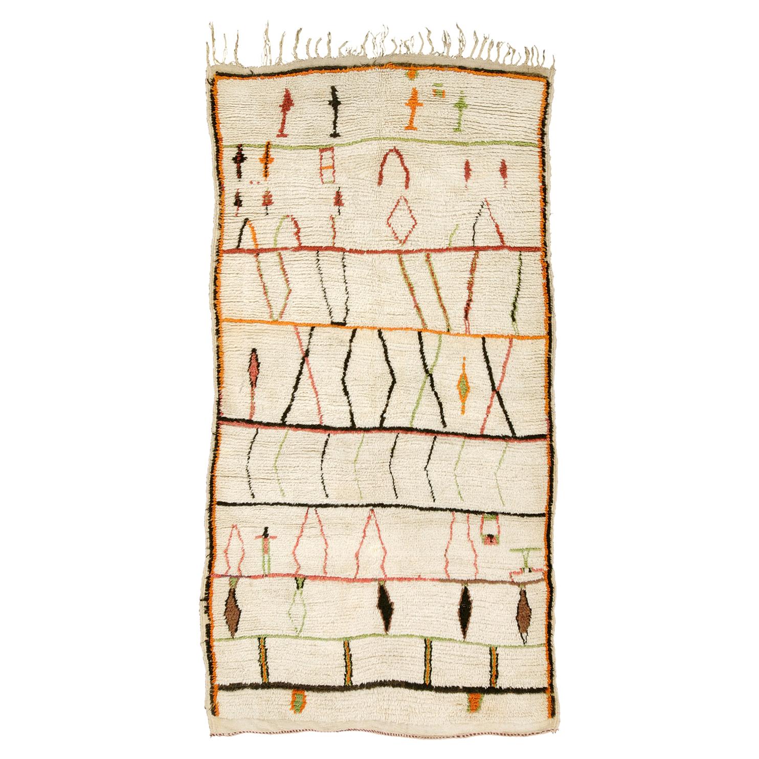 White Background Mid-Century Moroccan Azilal Rug with Brown Diamond ...