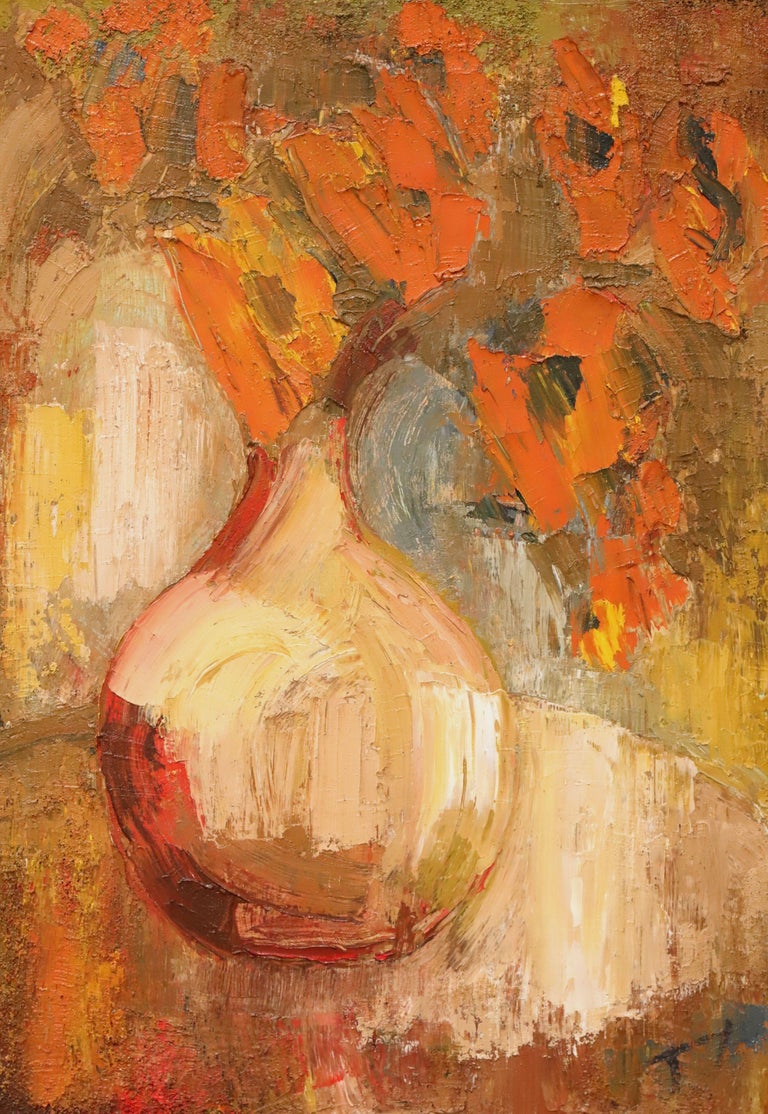Mid 20th Century Original Oil on Canvas Painting, Orange Flowers in ...