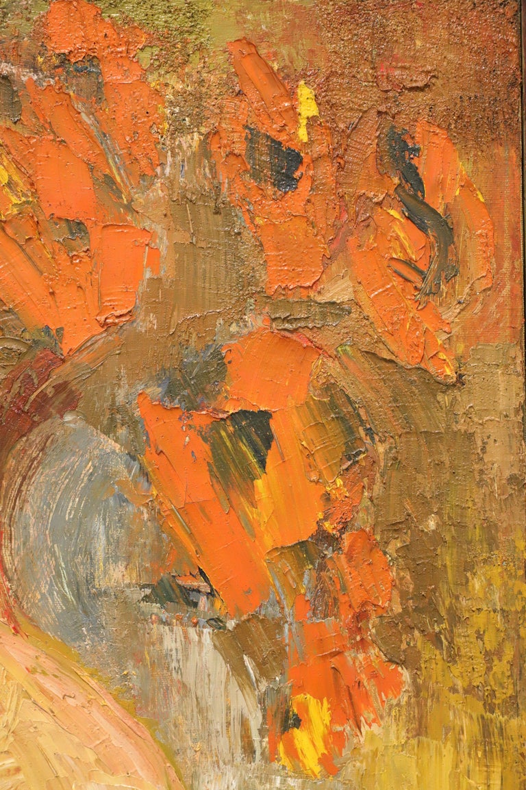 Mid 20th Century Original Oil on Canvas Painting, Orange Flowers in ...