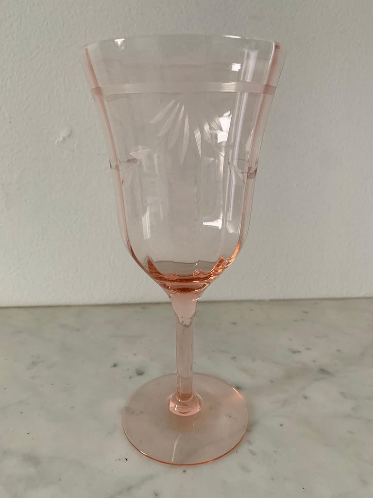 Mid 20th Century Pink Etched Wine Glasses Set Of Six For Sale At 1stdibs