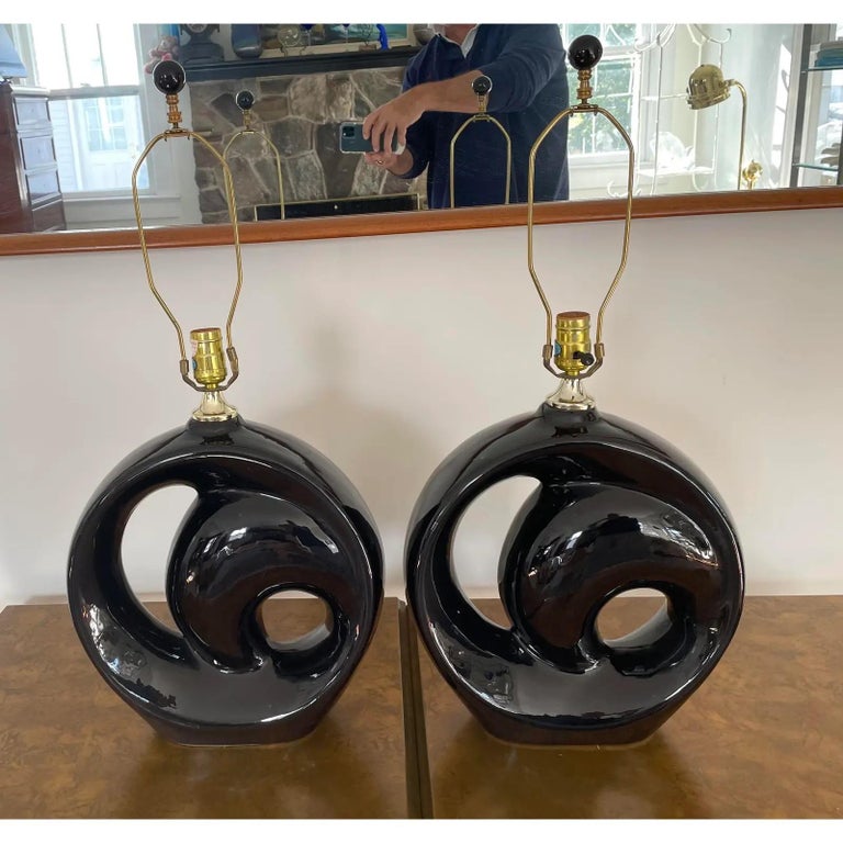 Mid 20th Century Postmodern Ceramic Swirl Lamps, a Pair For Sale at 1stDibs
