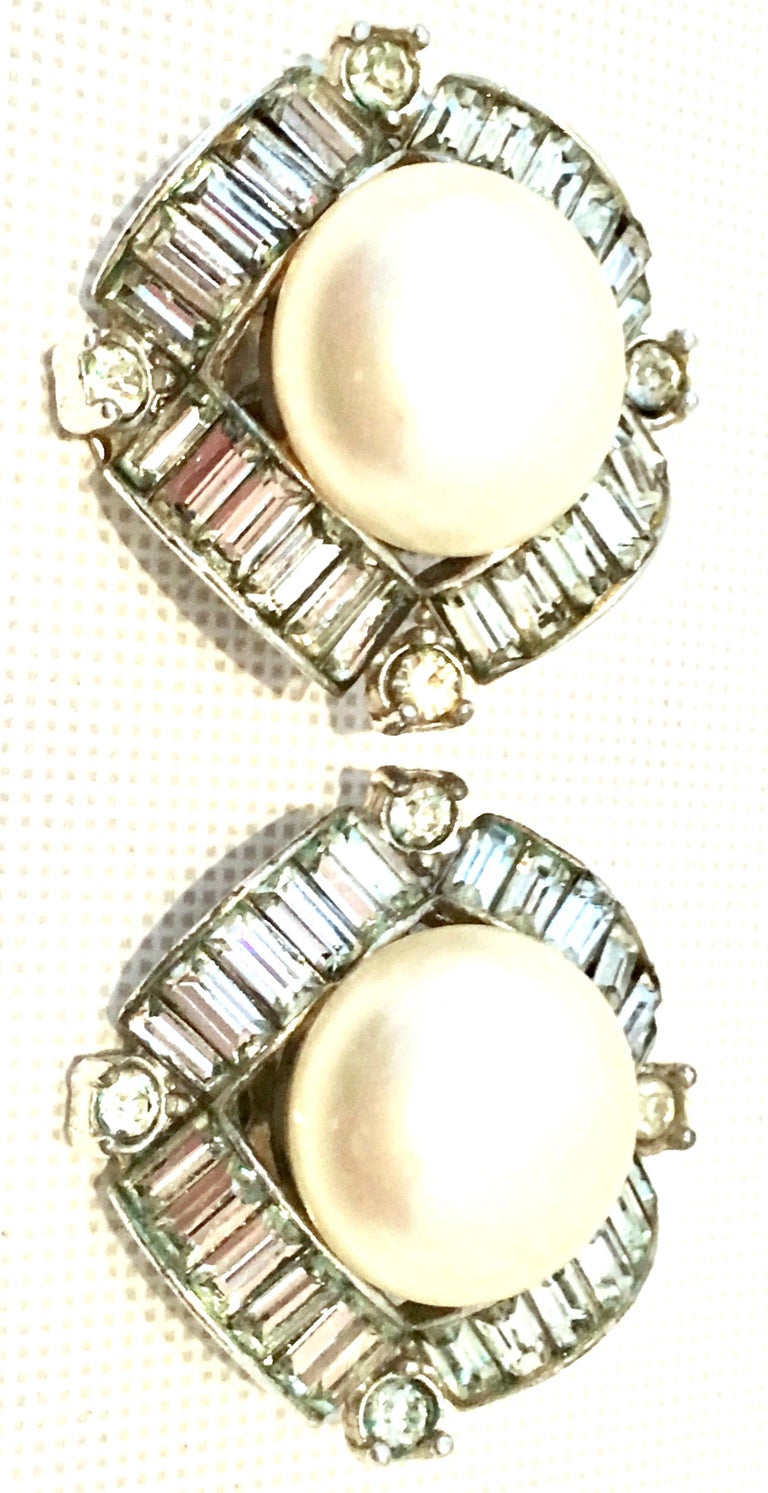 Mid-20th Century Silver, Faux Pearl and Austrian Crystal Earrings By ...