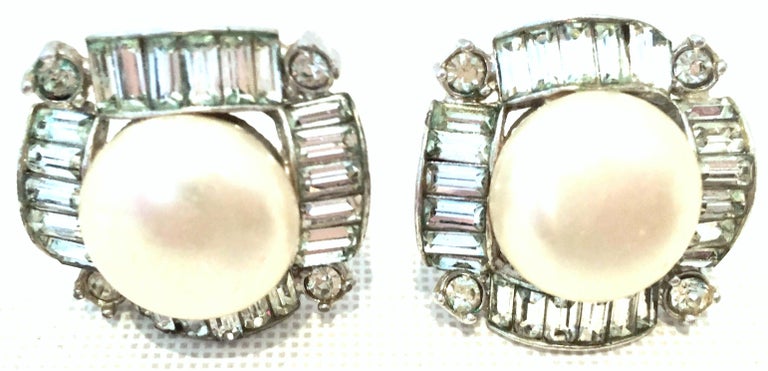 Mid-20th Century Silver, Faux Pearl and Austrian Crystal Earrings By ...