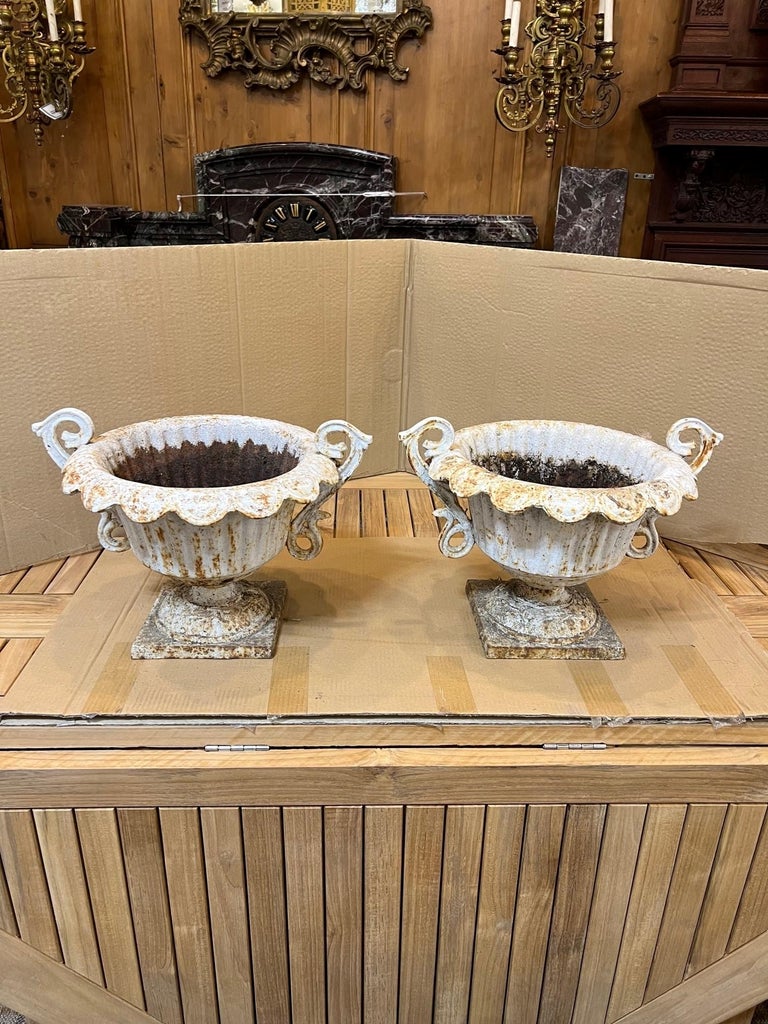 Mid-20th Century Small Pair of Cast Iron Fluted Urns with Decorative ...