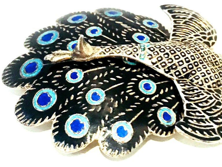 Mid-20th Century Sterling Silver and Enamel Articulating Peacock Brooch ...