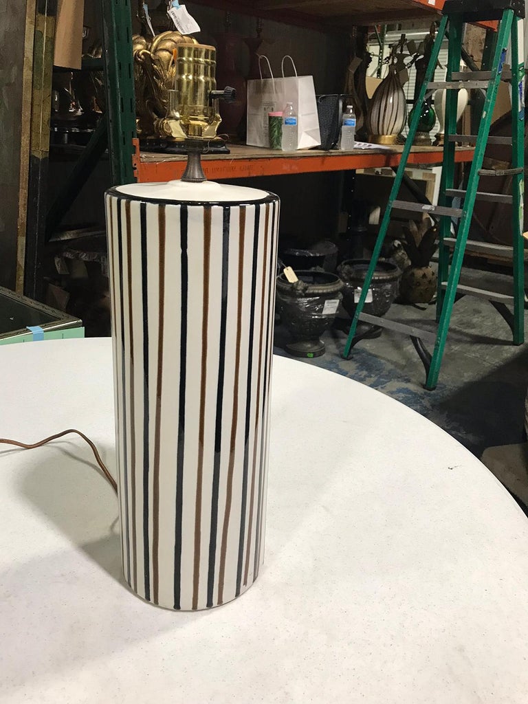 Mid-20th Century Striped Pottery Cylinder Lamp For Sale at 1stDibs