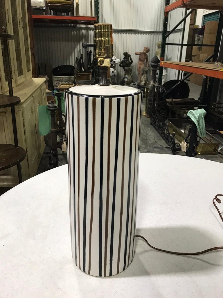 Mid-20th Century Striped Pottery Cylinder Lamp For Sale at 1stDibs