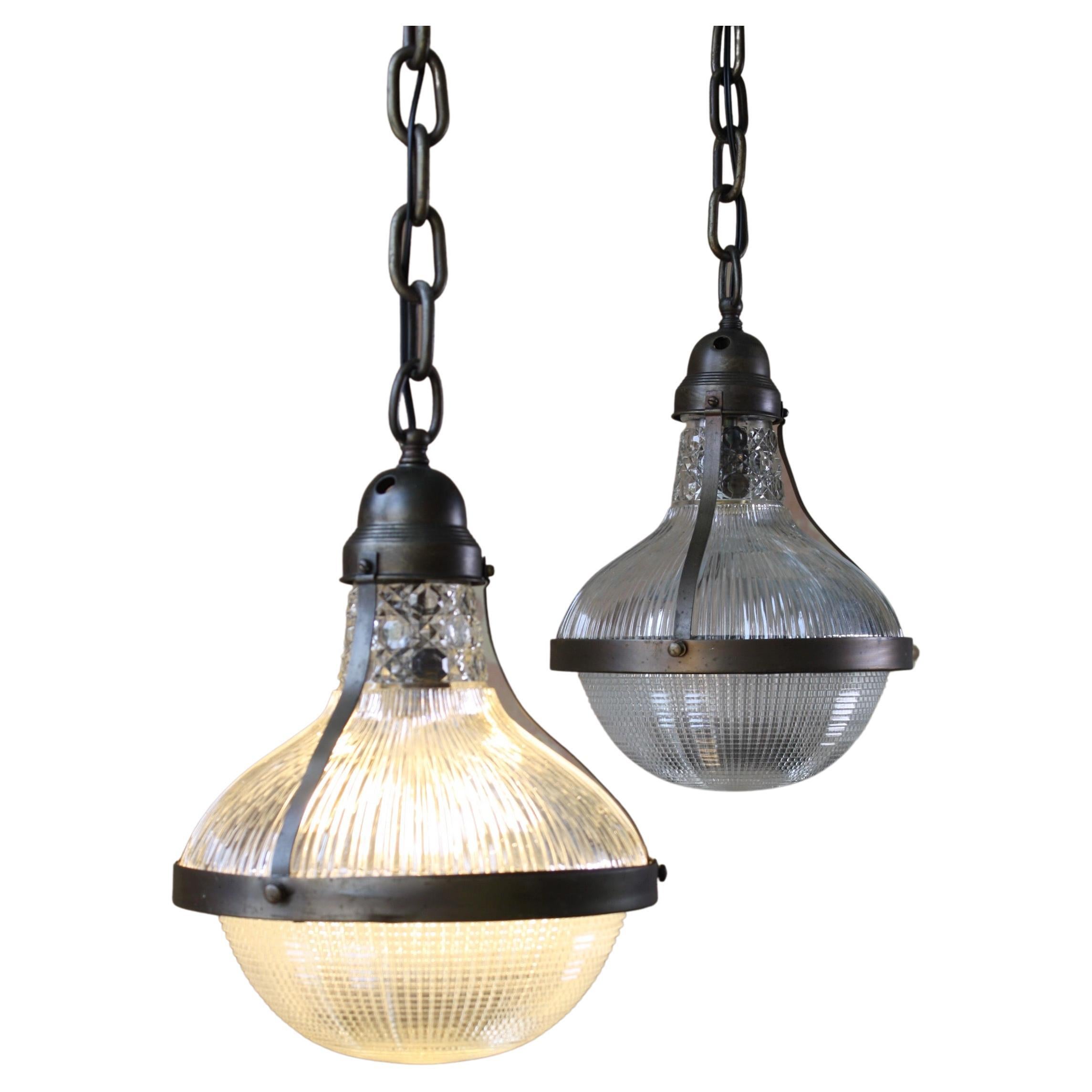 Pair of Patinated Bronze and Glass Handing Lanterns at 1stDibs