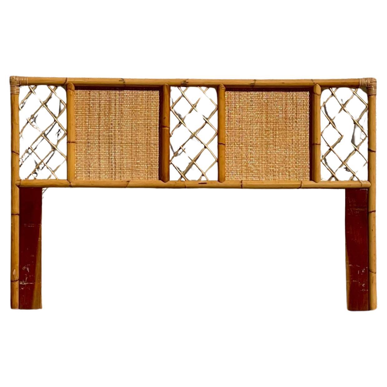 Vintage Coastal Carved Bamboo and Cane Queen Bed Frame at 1stDibs