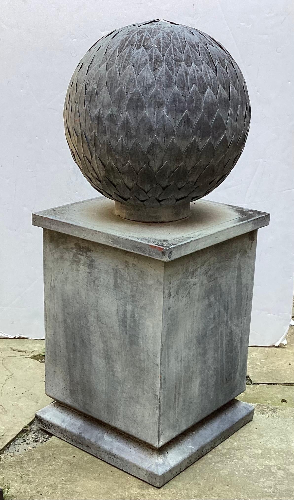 Mid 20th Century Weathered Zinc Orb on Square Base For Sale at 1stDibs