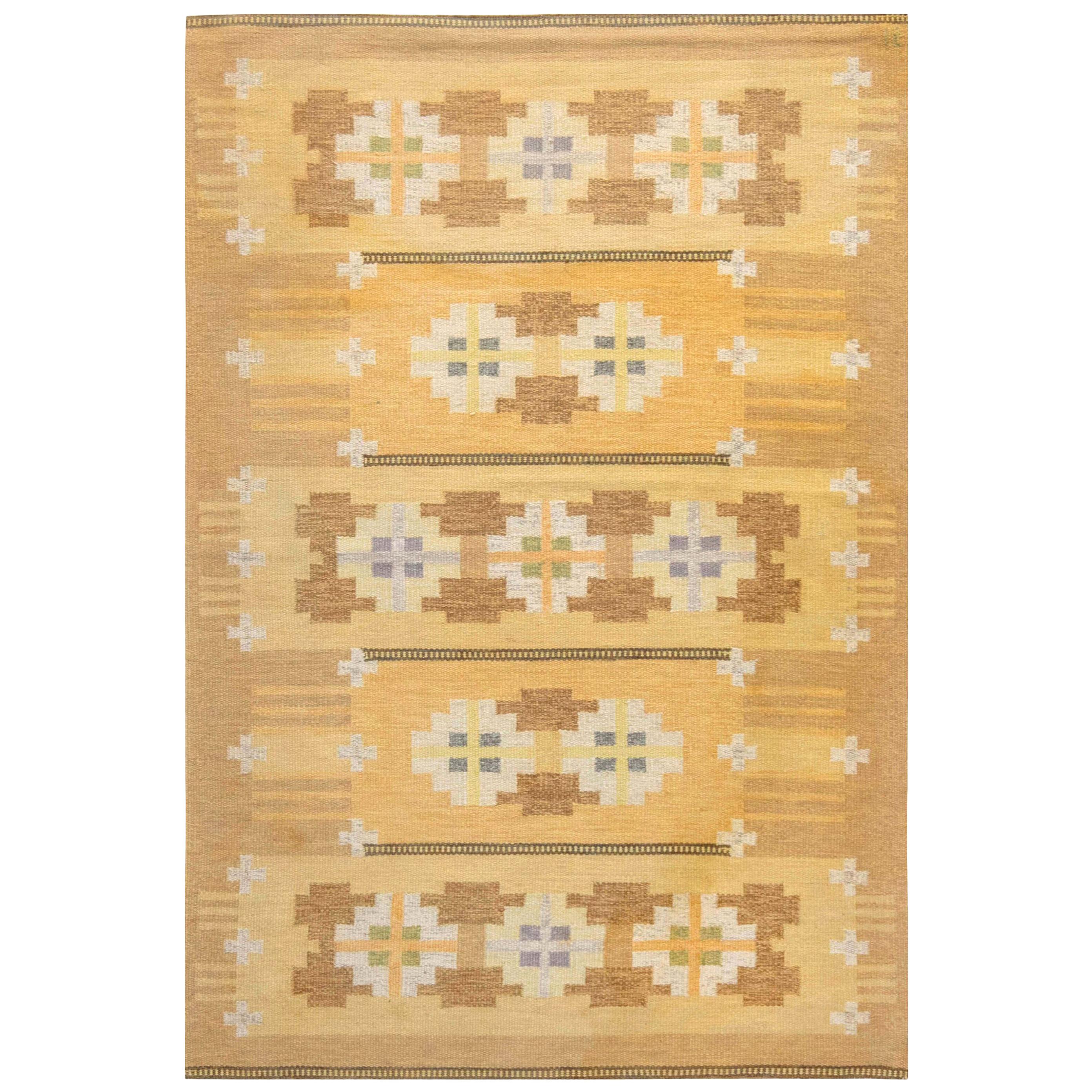 Mid-20th century Swedish Yellow, Brown and Beige Flat-Weave Rug by ...