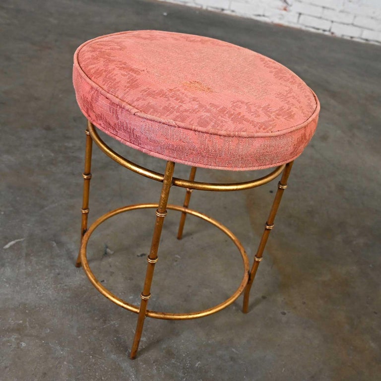 Mid 20th Italian Style Round Stool Rose Damask Seat Gilt Metal Faux Bamboo Legs For Sale at 1stDibs
