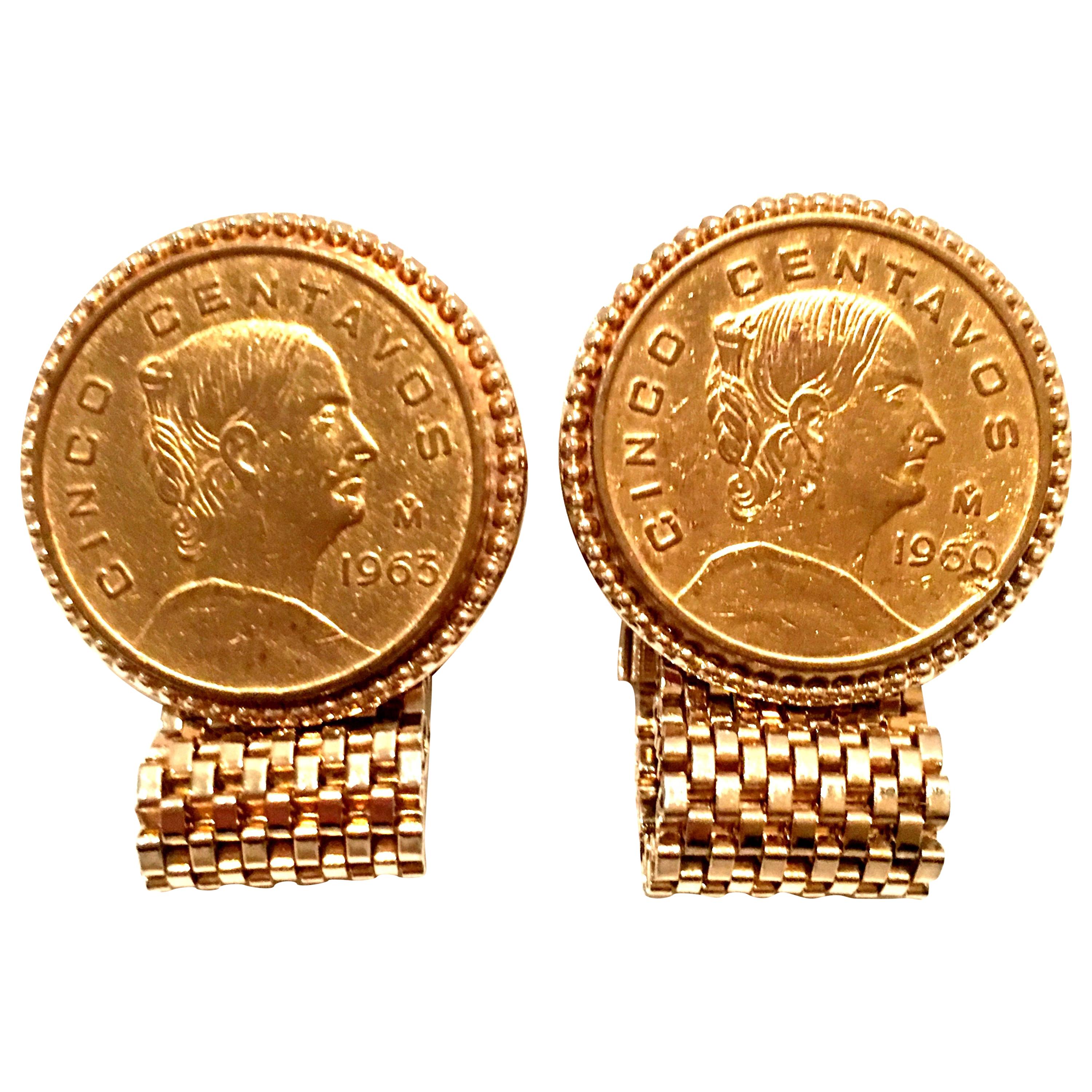 Mid-20th Pair Of Century Gold Plate Cinco Centavos Mexican Coin ...