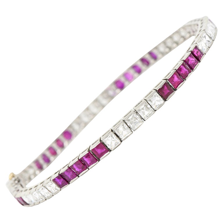 Mid-Century 11.28 Carats French Cut Diamond Ruby Platinum Channel Set Bracelet For Sale at 1stDibs