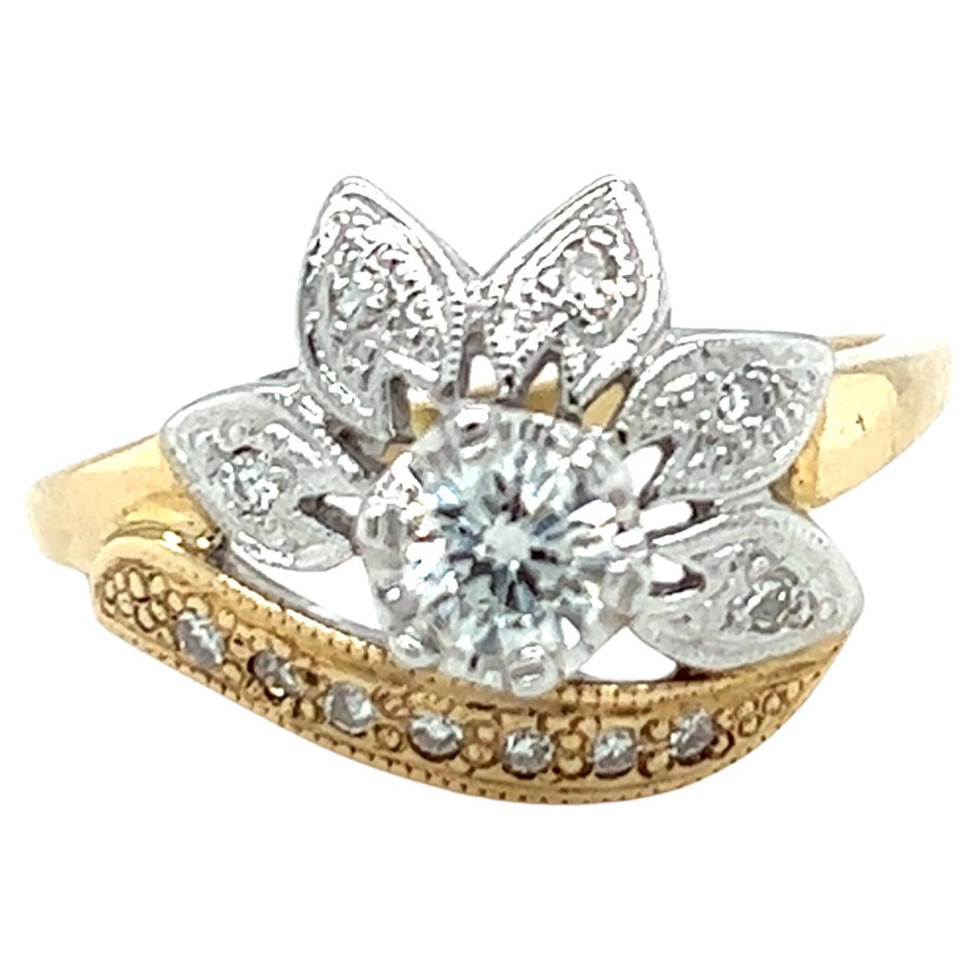 Mid-Century 14K Two Tone Gold Flower Design Diamond Ring at 1stDibs