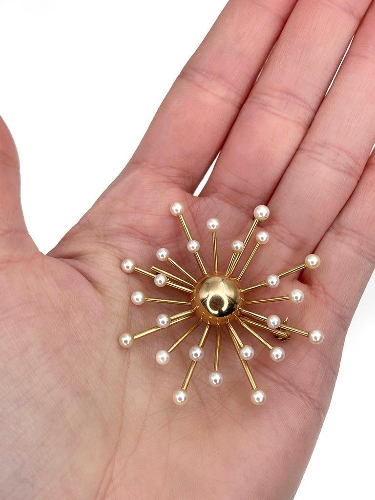 Mid Century 18 Karat Yellow Gold Pearl Starburst Pin Brooch For Sale at ...
