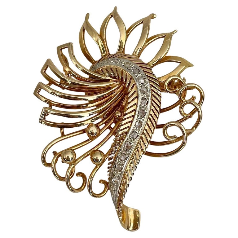 Mid Century 18 Karat Yellow Gold Rose Cut Diamond Abstract Design Pin ...