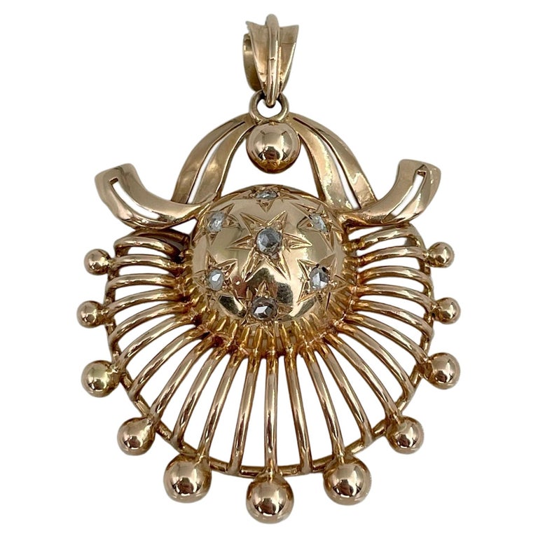 Midcentury 18 Karat Yellow Gold Rose Cut Diamond Sun Moon Stars Pendant ...