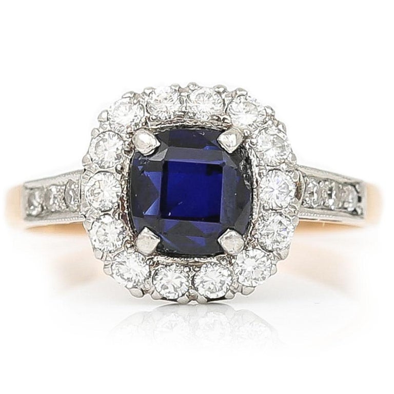 Midcentury 18ct Gold Square Sapphire and Diamond Cluster Ring, circa ...