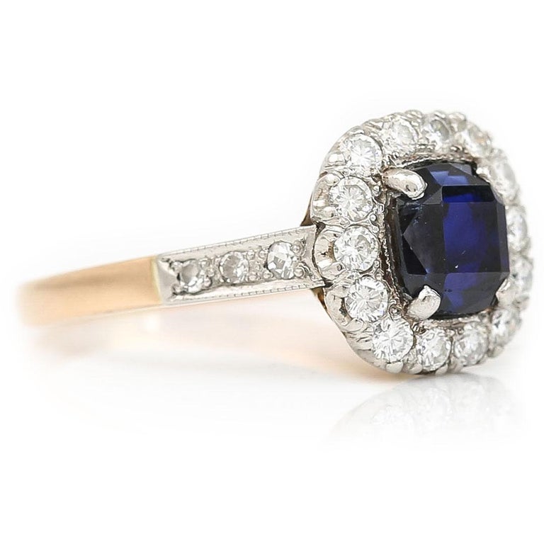 Midcentury 18ct Gold Square Sapphire and Diamond Cluster Ring, circa ...