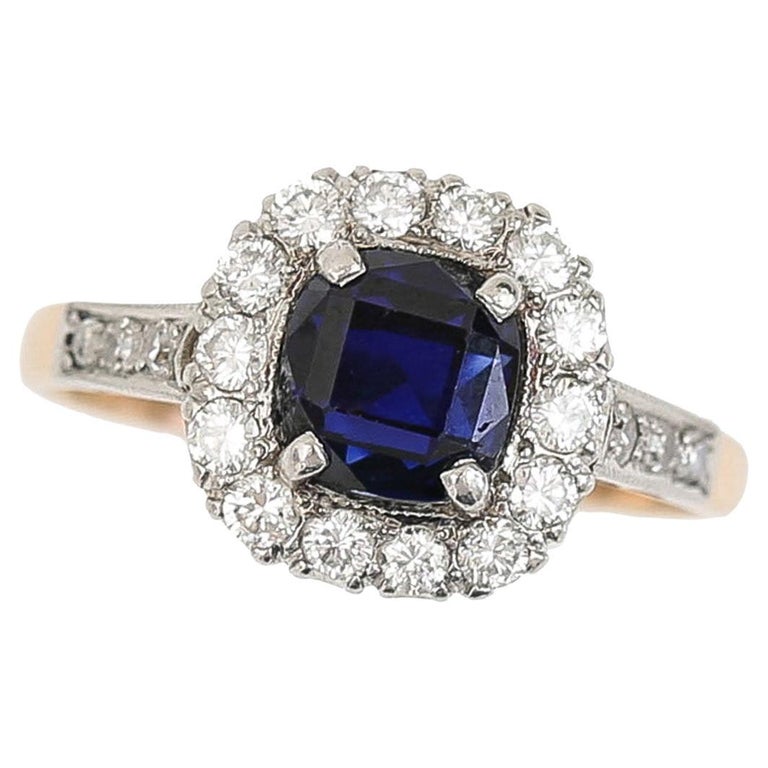 Midcentury 18ct Gold Square Sapphire and Diamond Cluster Ring, circa ...