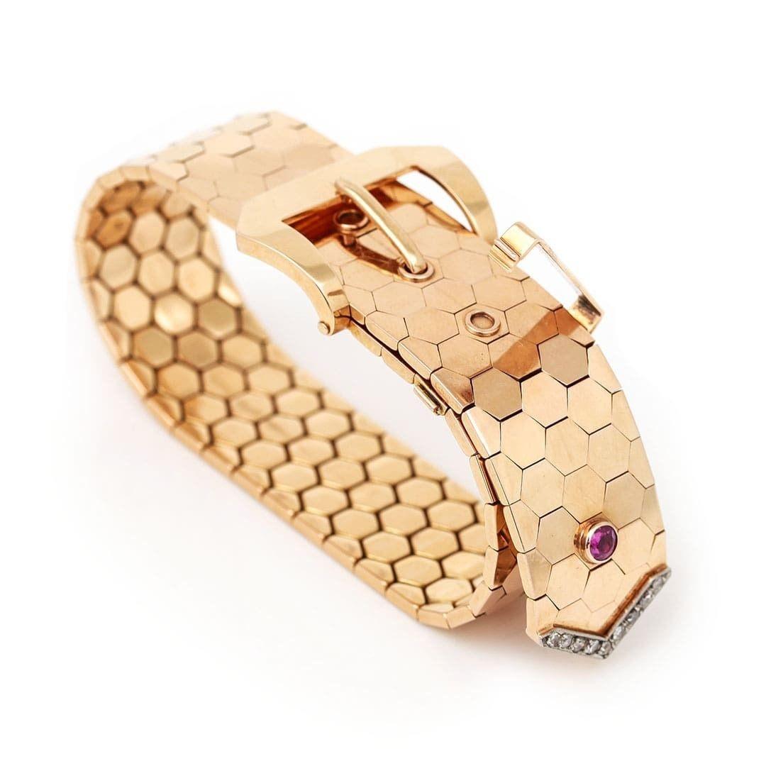 Mid Century 18ct Yellow Gold Diamond and Pink Sapphire Buckle Bracelet ...