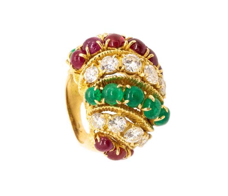 Mid-Century 1950 Tutti Frutti Bombe Ring 13.35 Ctw Diamonds Rubies and Emeralds For Sale at 1stDibs